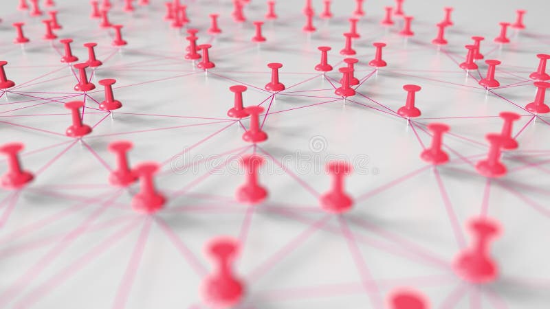 Red Pushpins and Network Model on a Pinboard. 3D Rendering Stock Photo ...