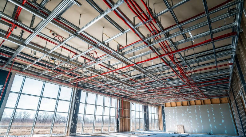 Metal Frame and Red Pipes Installing in a New Building Stock Image ...