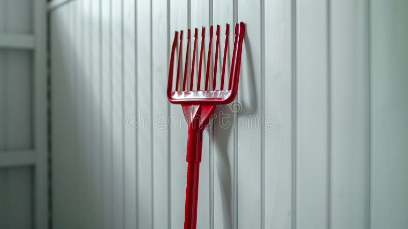 Red Pitchfork Hanging in a White Shed Against the Wall. Stock Photo ...