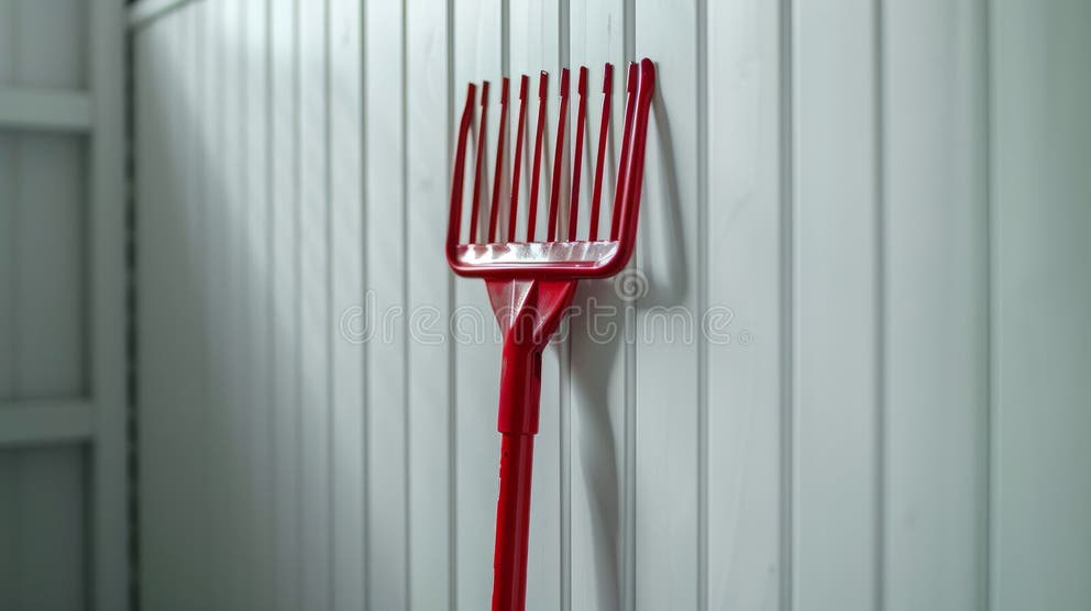 Red Pitchfork Hanging in a White Shed Against the Wall. Stock Photo ...