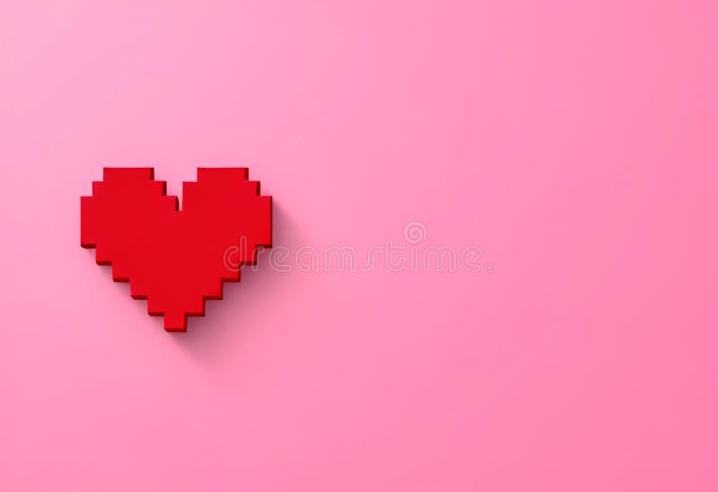 A Red Pixel Style 3D Heart at Left Side of a Light Pink Background ...
