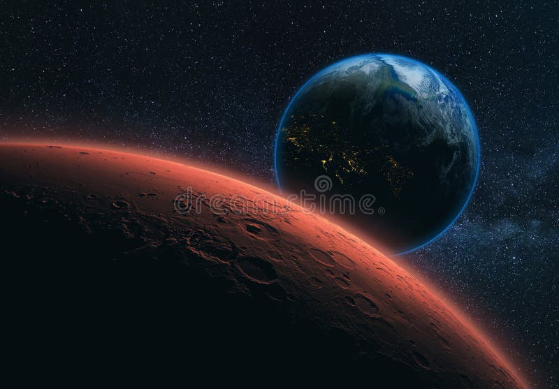 Red Planet Earth with Craters and Blue Planet Earth in Space with Stars ...