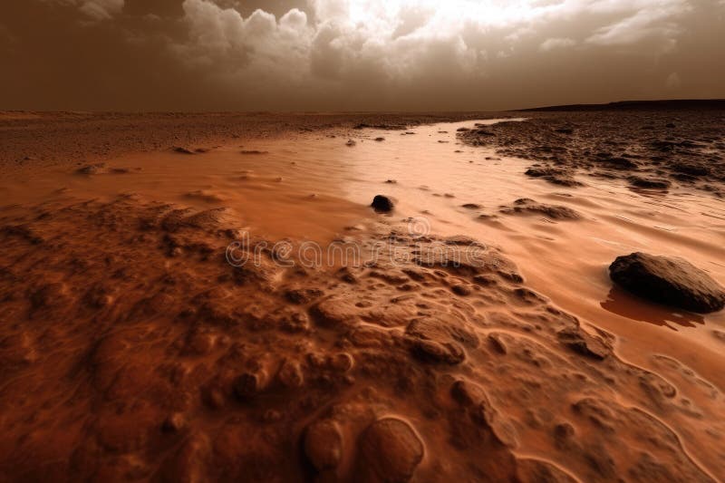 Red Planet Landscape with Water in Soil. Mars Colonization. Generative ...
