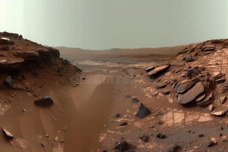 Red Planet Landscape with Water in Soil. Mars Colonization. Generative ...