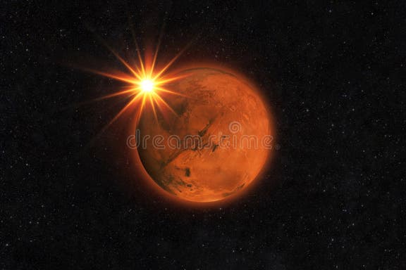 Red Planet Mars with Sun Rays on a Starry Sky. Mars with Sunshine ...