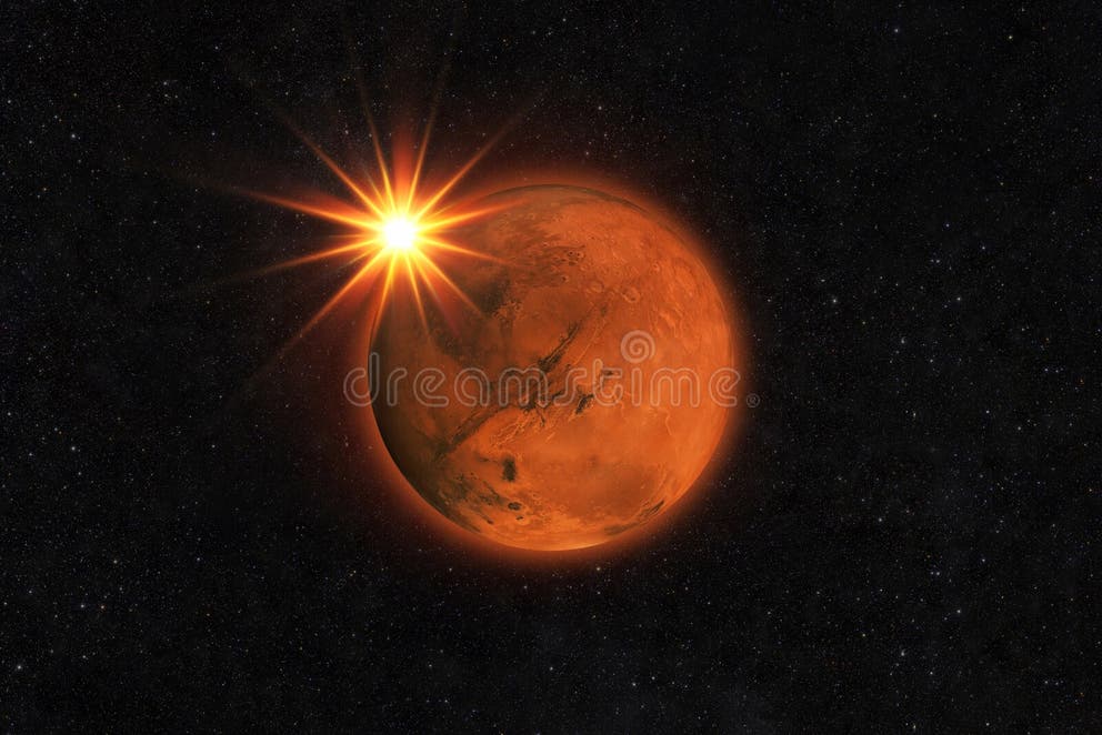 Red Planet Mars with Sun Rays on a Starry Sky. Mars with Sunshine ...