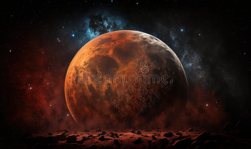 A Red Planet in the Middle of a Dark Sky with Stars Stock Illustration ...