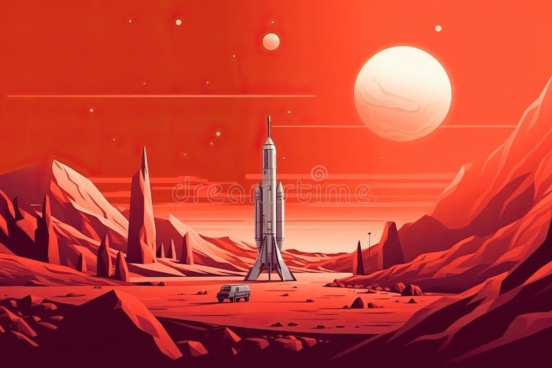 Red Planet, Space Rocket on Launch Pad. Conquest of Other Planets ...