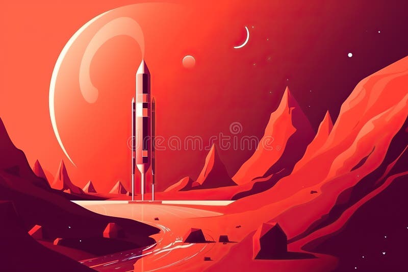 Red Planet, Space Rocket on Launch Pad. Conquest of Other Planets ...