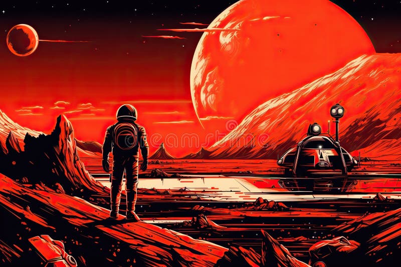 Red Planet, Space Rocket on Launch Pad. Conquest of Other Planets ...