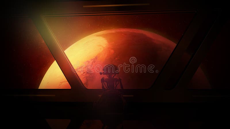 A Droid at the Porthole of a Spaceship Approaching Mars. Stock ...