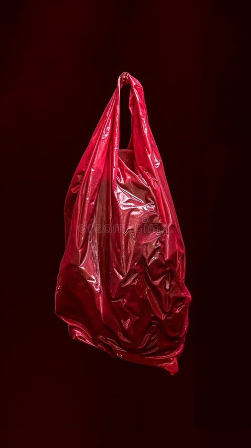 A Red Plastic Bag Hanging from a String on a Black Background Stock ...
