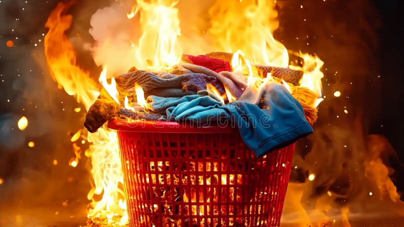A Red Basket Full of Clothes on Fire Stock Video - Video of yellow ...