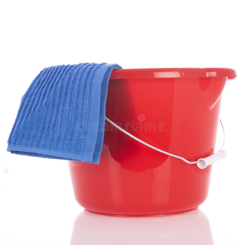 Red Plastic Bucket with Blue Cloth Stock Image - Image of home ...