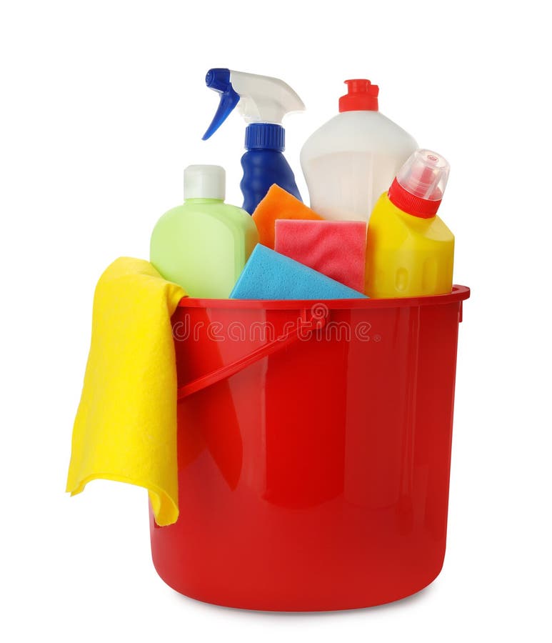 Red Plastic Bucket with Different Cleaning Products Isolated on White ...