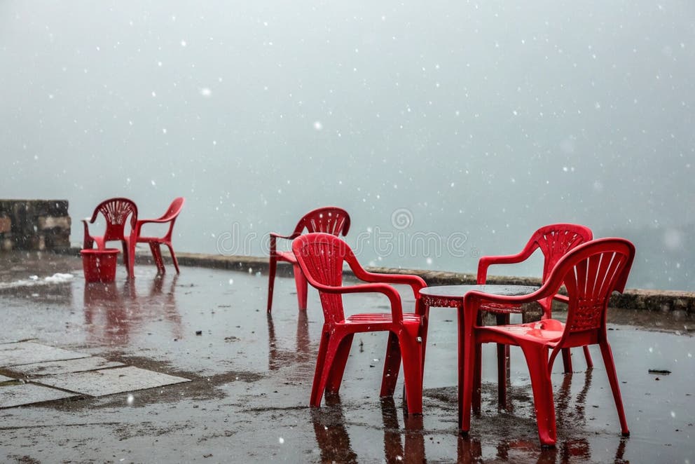 Red Plastic Chairs in the Rain - Generated by Ai Stock Illustration ...