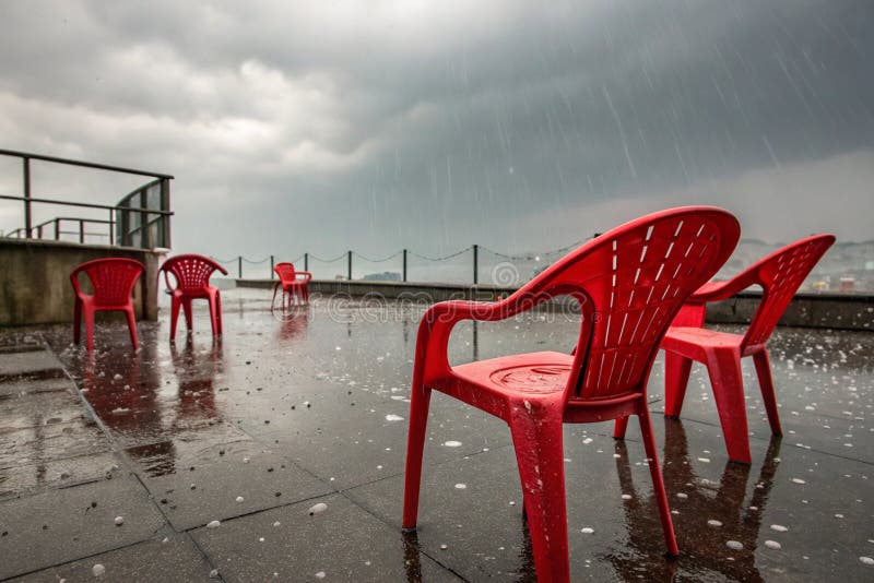 Red Plastic Chairs in the Rain - Generated by Ai Stock Illustration ...