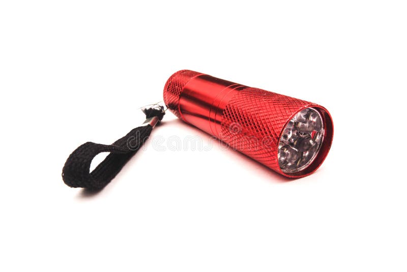 Red Plastic Flashlight Isolated on White Background. Back Part Stock ...