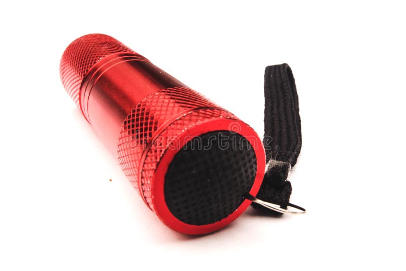 Red Plastic Flashlight Isolated on White Background. Back Part Stock ...