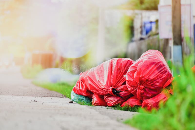 Garbage Bag Stacking on Road Stock Photo - Image of area, background ...