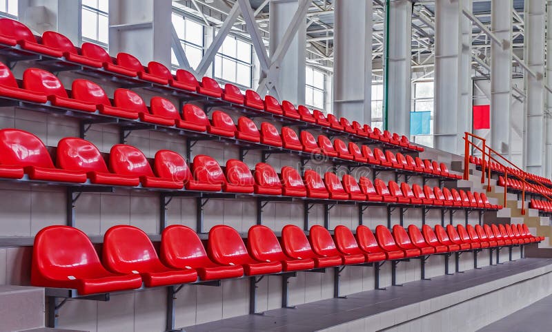 Red Plastic Seats in the Stadium. Tribune Fans Stock Image - Image of ...