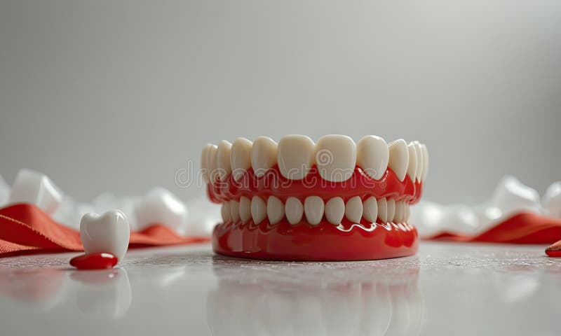 A Red Plastic Tooth is Placed on a Table with White and Red Decorations ...