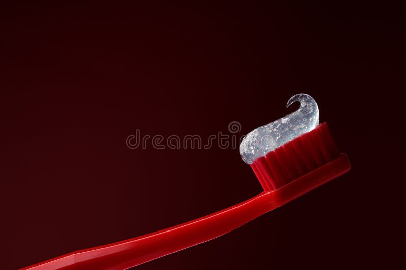 Red Plastic Toothbrush Transparent Toothpaste Dark Background Stock ...