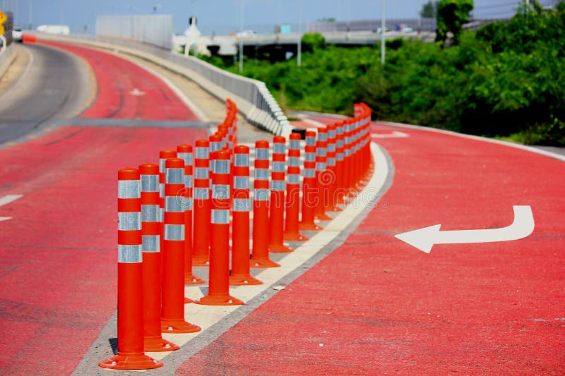 Red Plastic Traffic Cones Install on Caution Area Down the Bridge Stock ...
