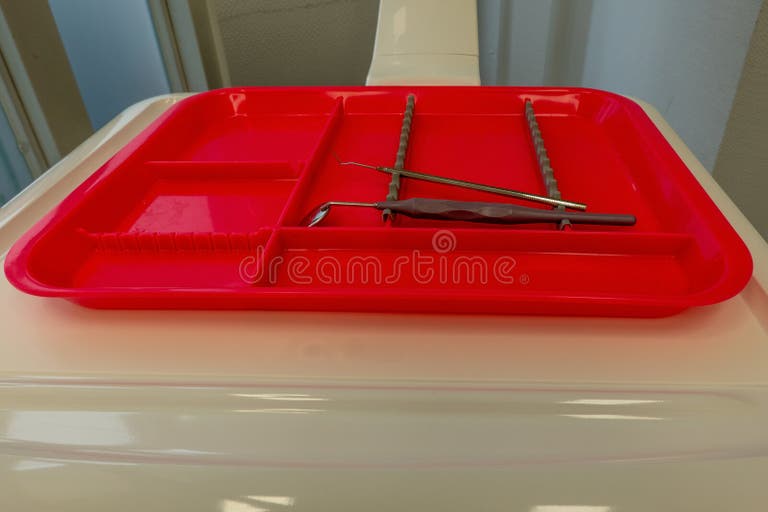 Red Plastic Tray with Dental Tools Stock Image - Image of dentist ...