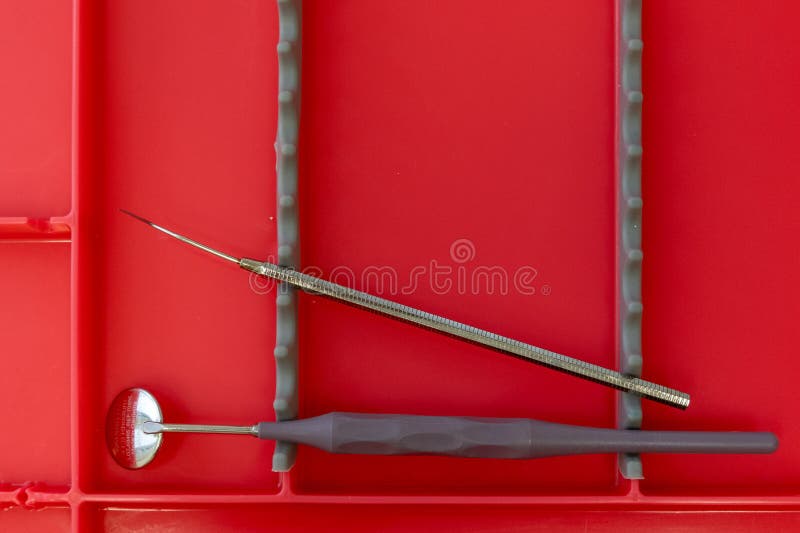 Red Plastic Tray with Dental Tools Stock Photo - Image of patient ...