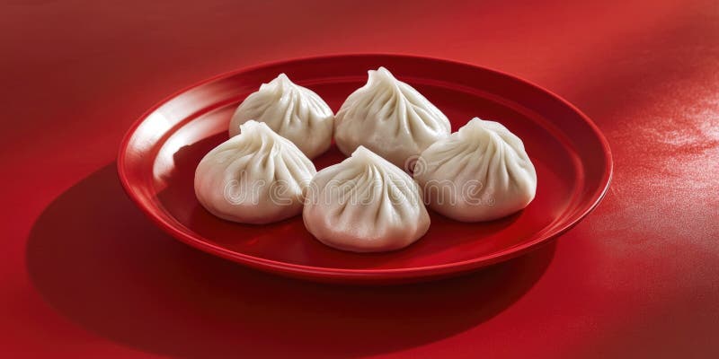 Red Plate with Dumplings on Red Table Stock Photo - Image of dumplings ...