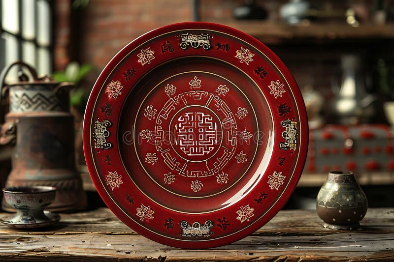 The Red Plate Has Chinese Symbols on it, High Quality, High Resolution ...