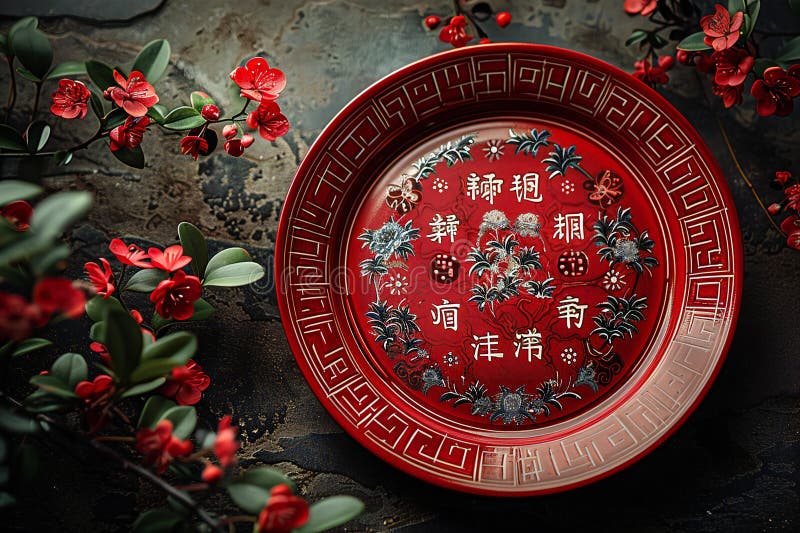 The Red Plate Has Chinese Symbols on it, High Quality, High Resolution ...