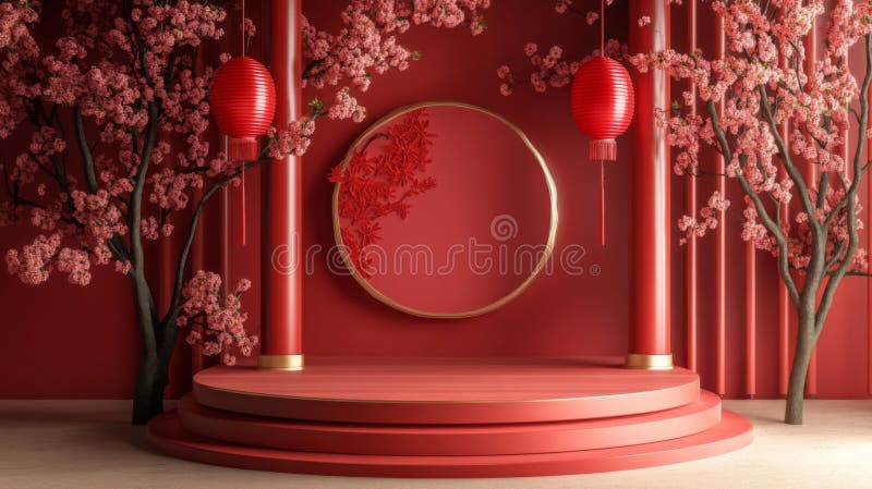 Red Platform Decorated with Cherry Blossoms and Lanterns Stock ...