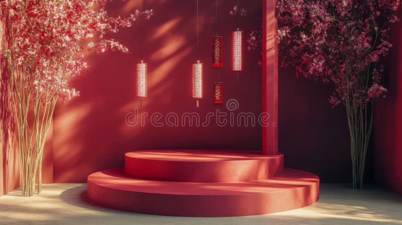 Red Platform with Hanging Lanterns and Flowering Plants Stock ...