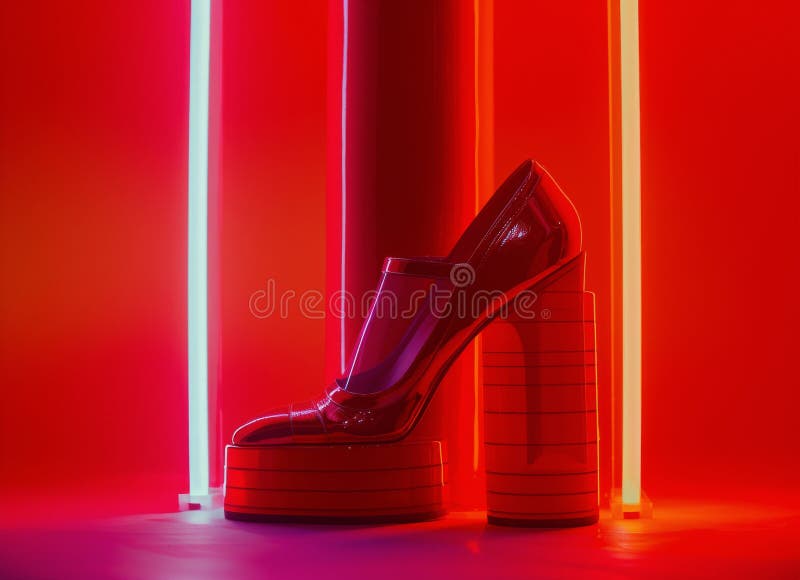 Red Platform Shoe with Neon Lights in a Studio Setting Stock Image ...