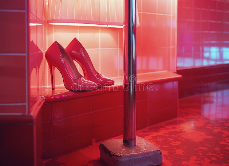 Red Platform Shoe with Neon Lights in a Studio Setting Stock Image ...