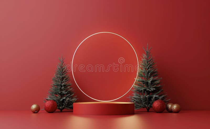 Red Platform with Snowy Pine Trees and Golden Circle Stock Photo ...