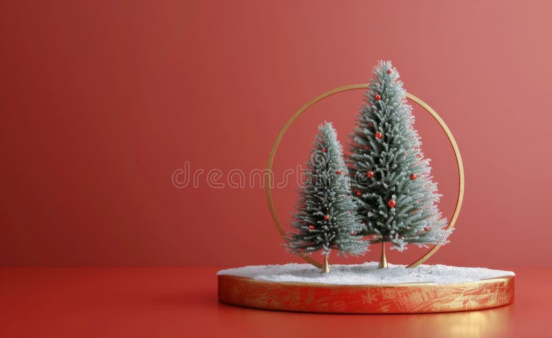 Red Platform with Snowy Pine Trees and Golden Circle Stock Photo ...