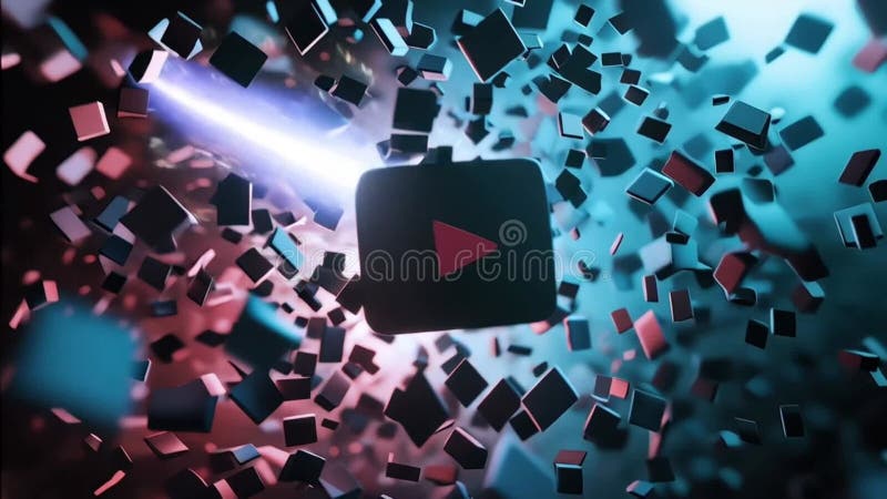 Red Play Button in Space As Spacecraft Passes Behind and Blocks Float ...