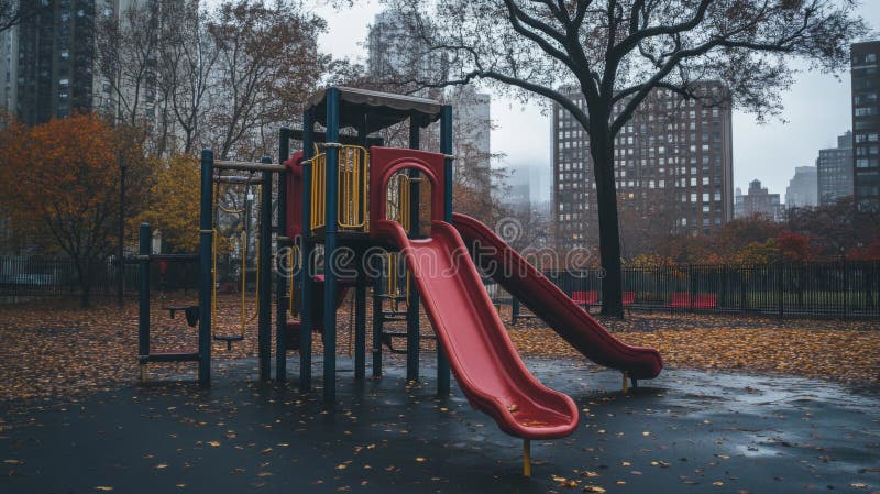 Red Playground Slide in a City Park during Autumn Stock Illustration ...