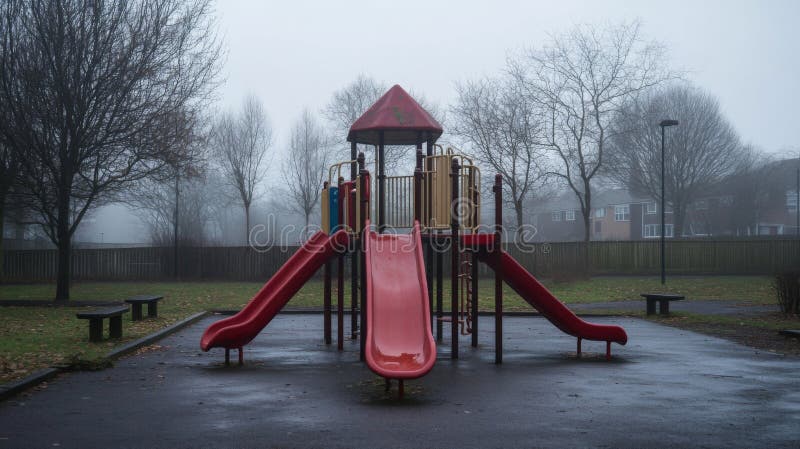 Red Playground Slide and Tower in Foggy Park Stock Illustration ...