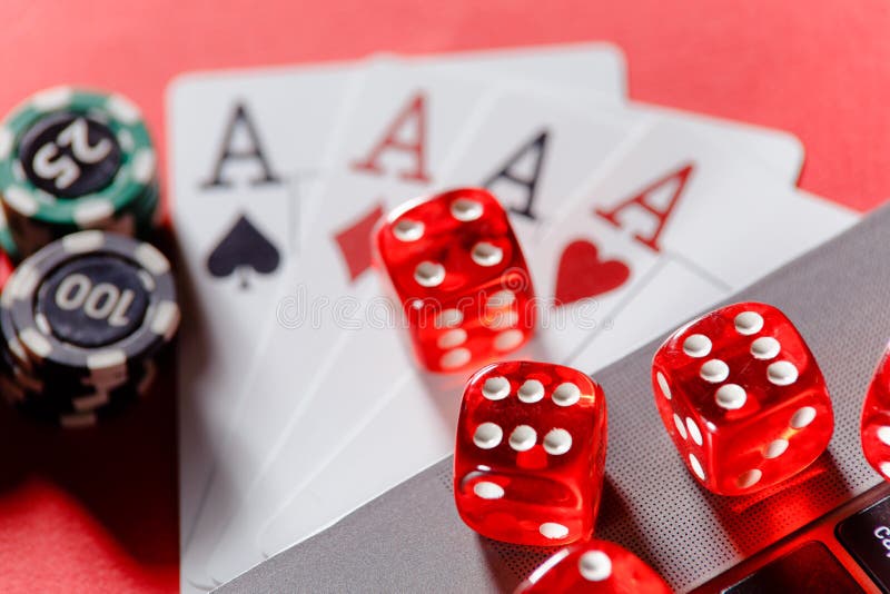 Red Playing Dice and Cards with Aces Close-up Stock Photo - Image of ...