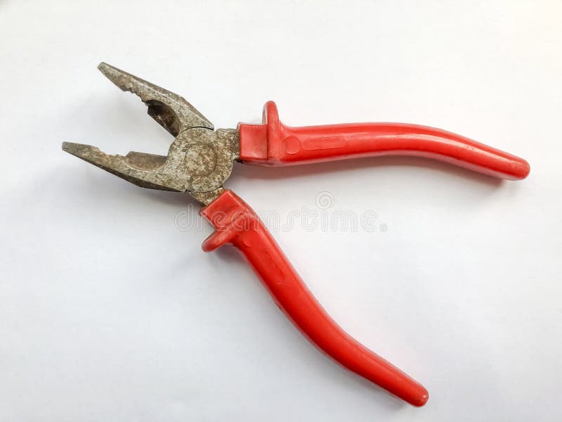 Red Pliers Isolated on White Background Close-up Top View. Hardware ...