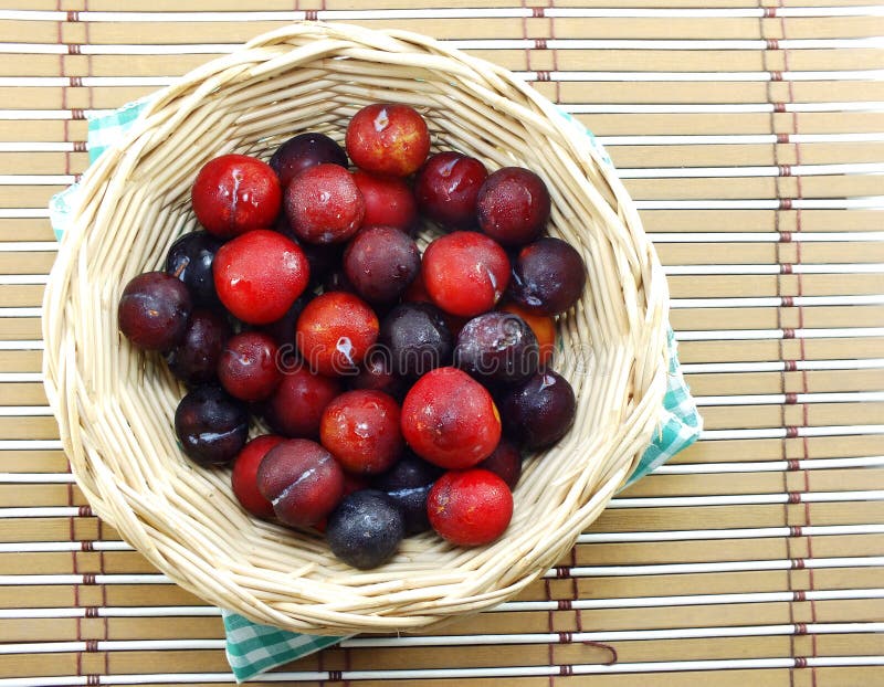 Red Plum on Wooden Background Top View Stock Photo - Image of fresh ...