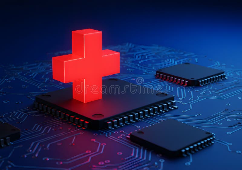 Red Plus Sign on Circuit Board Stock Illustration - Illustration of ...