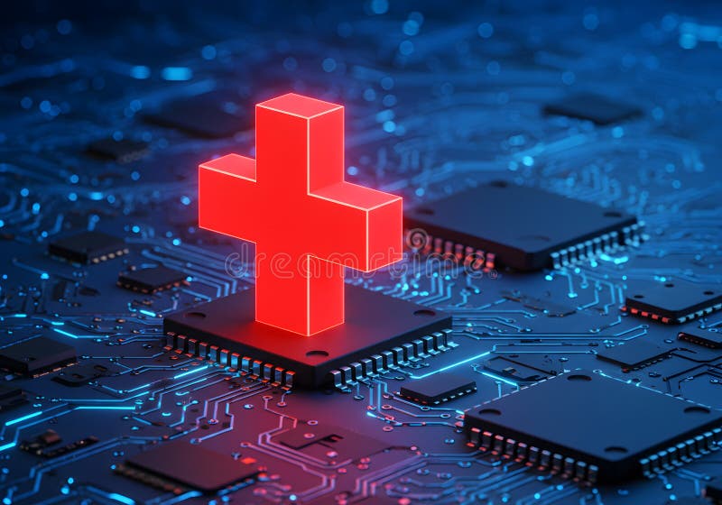 Red Plus Sign on Circuit Board Stock Illustration - Illustration of ...