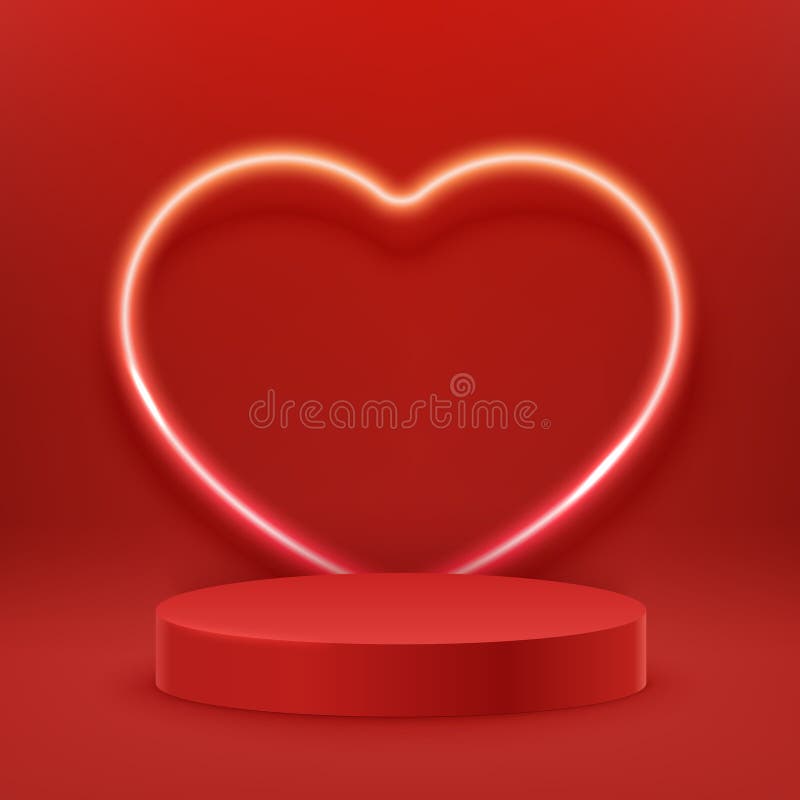 Red Podium with Glowing Heart Shaped Frame. Glowing Lighting and ...