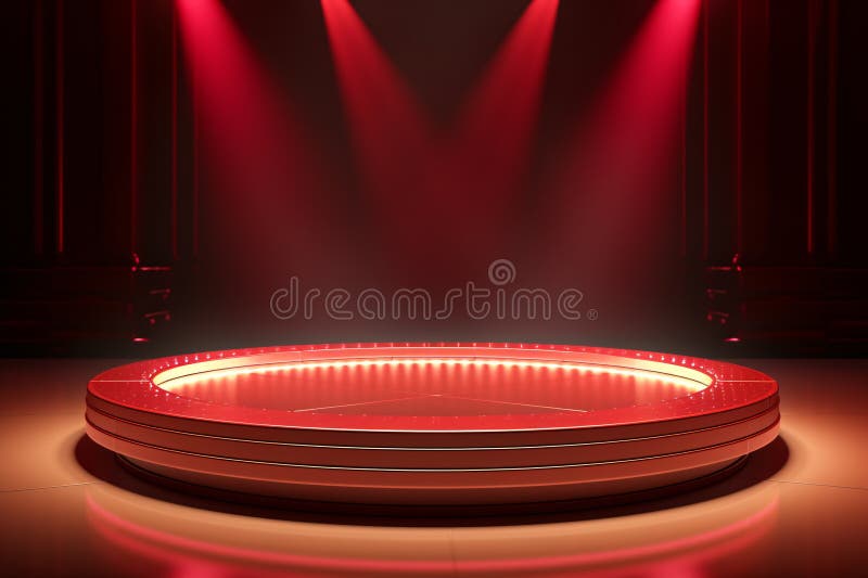 A Red Podium with Spotlights on a Black Stage in a Dark Room Stock ...
