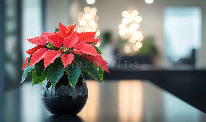 A Red Poinsettia Plant Is In A Black Vase On A Table Stock Illustration